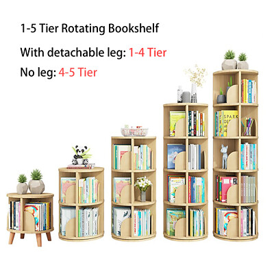 1-5 Tier Rotating Bookshelf 360°Solid Wood Spinning Bookshelf Revolving Bookcase | eBay