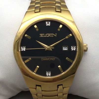 Elgin Diamond Watch Mens 42mm Gold Tone Date Black Dial New Battery 7. ...