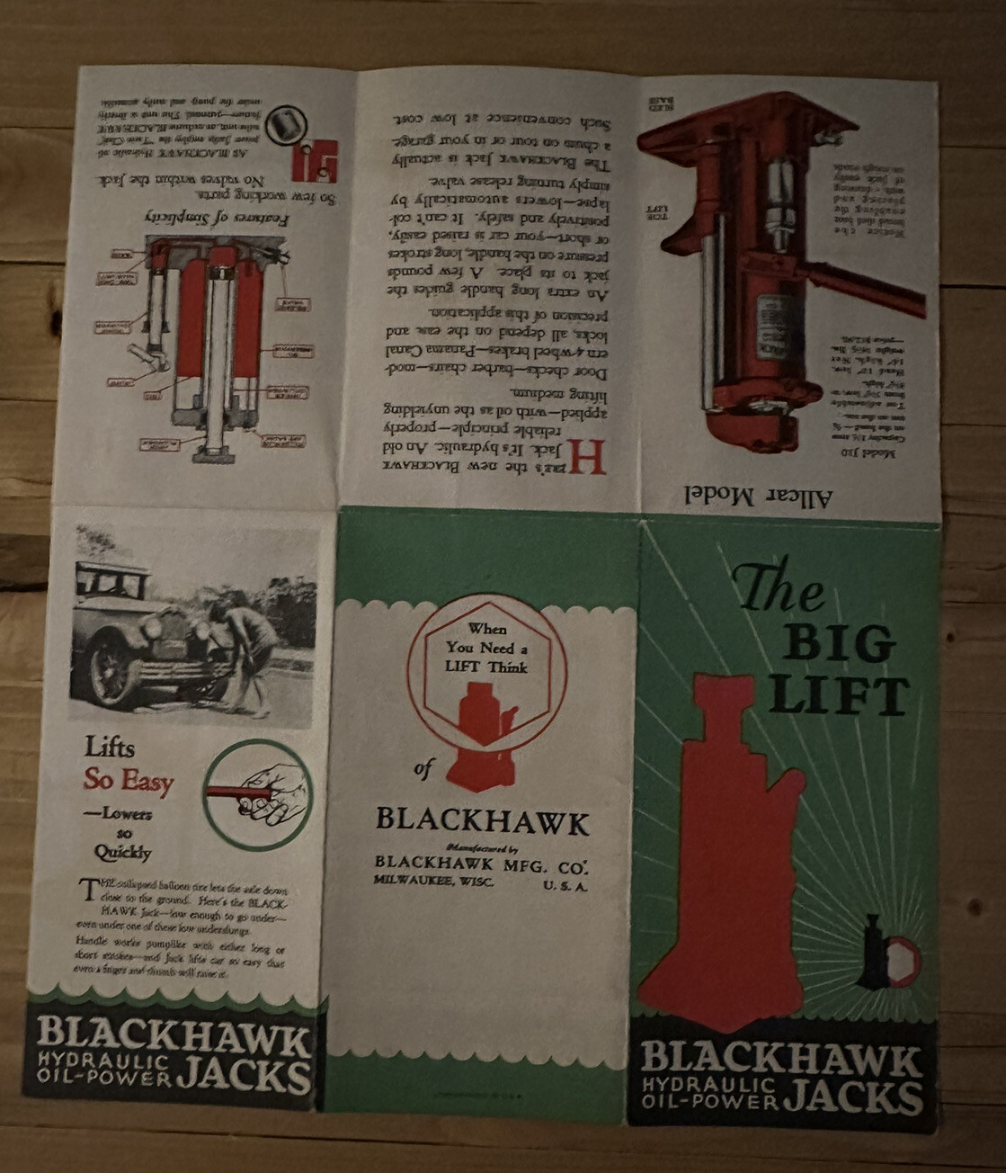 VINTAGE 1930’s BLACKHAWK AUTOMOTIVE HYDRAULIC JACK BROCHURE WITH FOLD ...