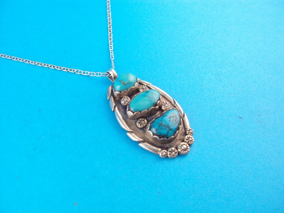 VINTAGE NATIVE AMERICAN STERLING SILVER TURQUOISE PENDANT & CHAIN--R.A ...