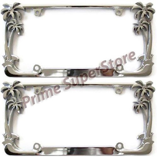 2 PACK CHROME METAL TROPICAL PALM TREE CAR LICENSE PLATE FRAME TAG ...