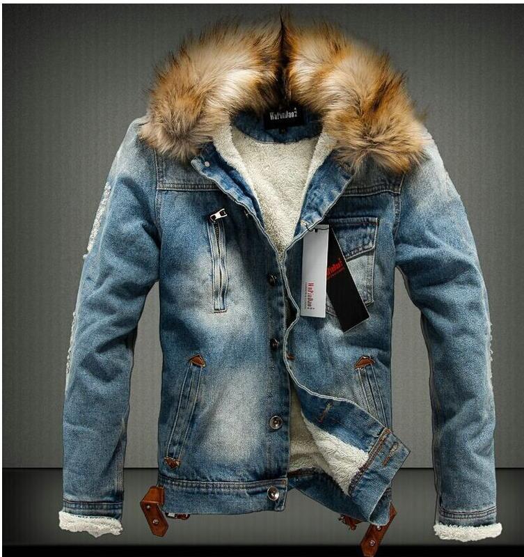 Fashion Men Faux Fur Collar Denim Jacket Thick Jean Coat Outwear Parka ...