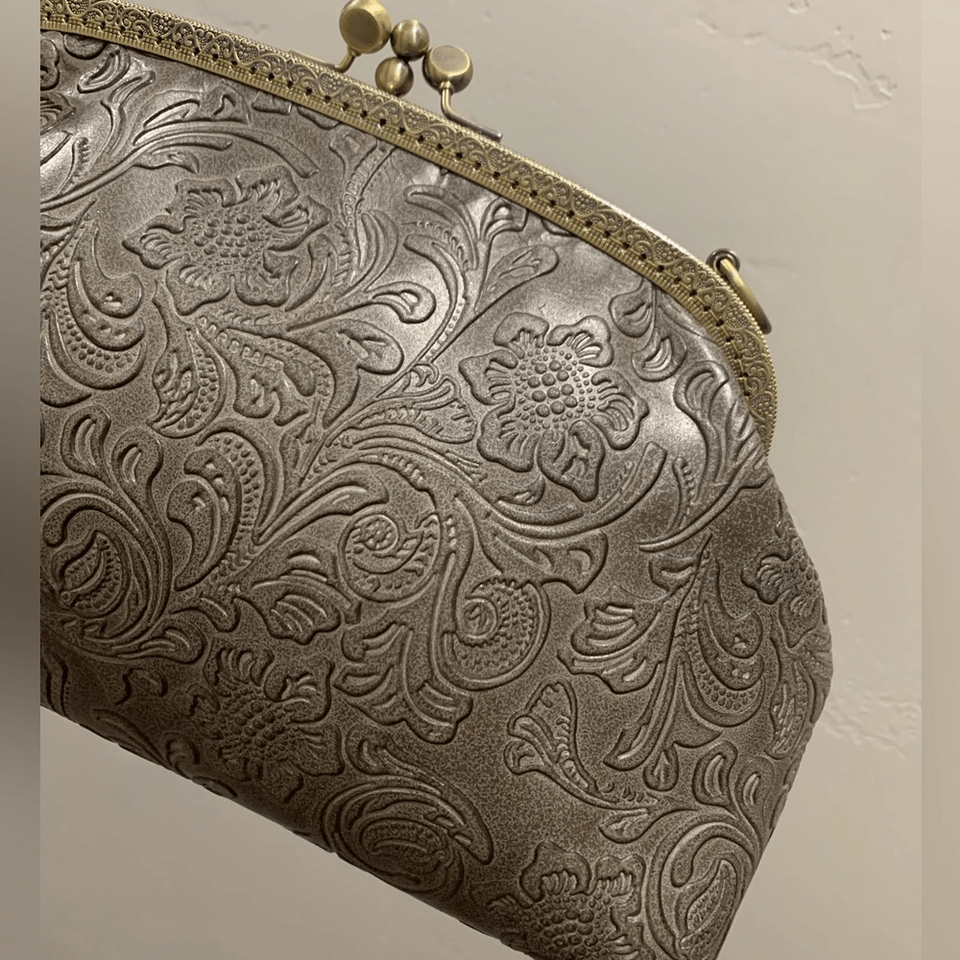 Handsewn Genuine Leather Floral Embossed Double Kiss-lock Clutch ...