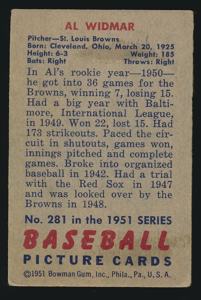 1951 Bowman Baseball *High #* -#281 AL WIDMAR RC (St Louis Browns) | eBay