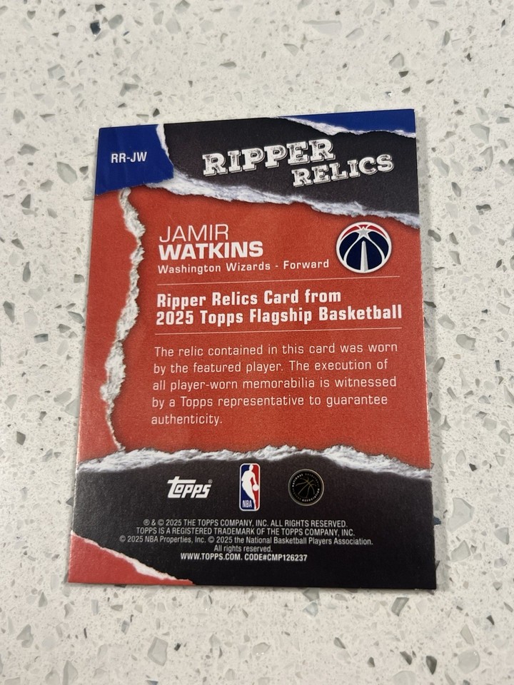 2025 Topps Washington Wizards Jamir Watkins RC Ripper Relics Patch ...