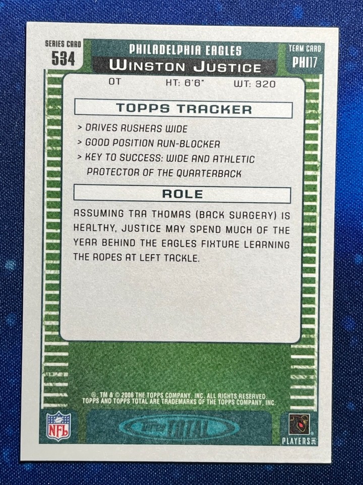 2006 Topps Total Football Rookie (RC) #534 Winston Justice Philadelphia ...
