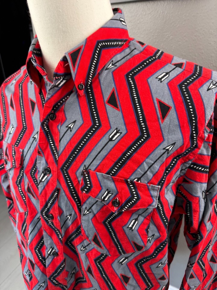 Wrangler Cowboy Cut Western Single Stitch VINTAGE Aztec Red Mens Shirt ...