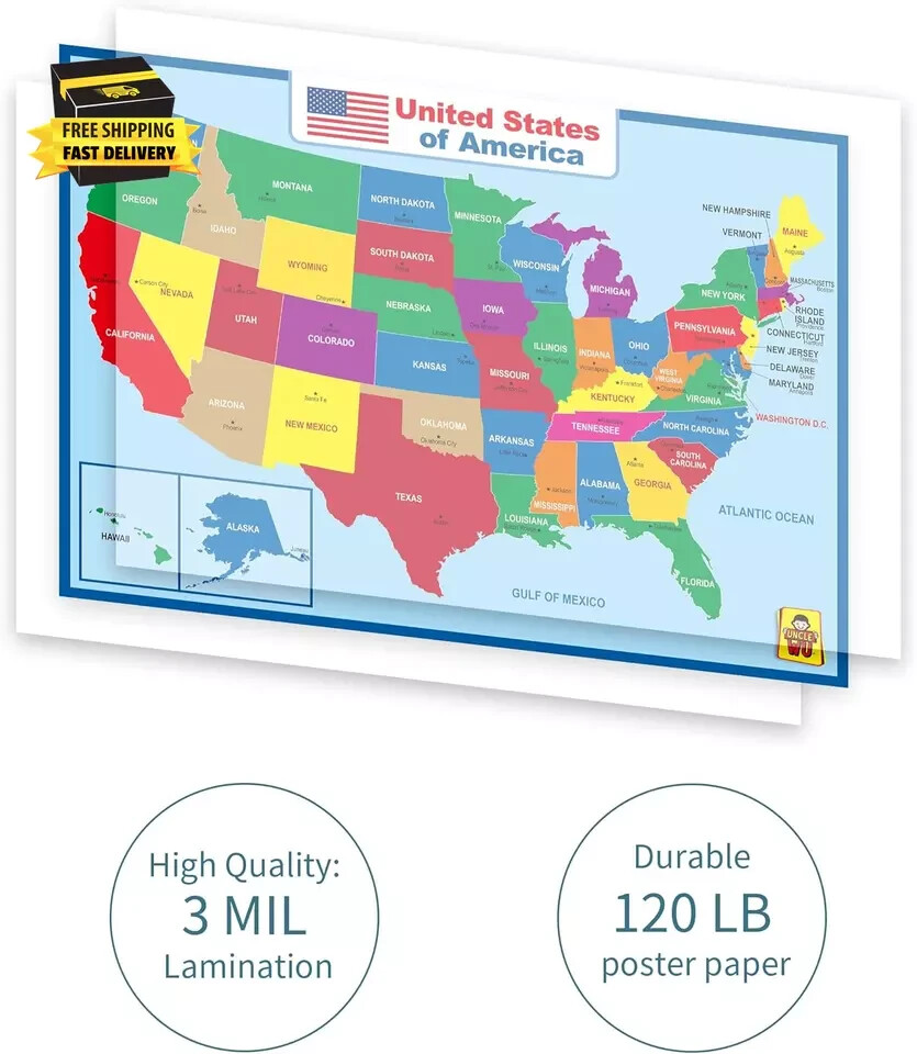 United State Map Laminated Poster -Double Side Educational Poster for ...