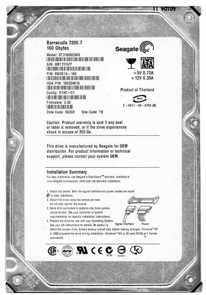 Hard Drive Seagate Barracuda 7200.7 ST3160023AS 160GB 7.2K 8MB SATA 3.5 ...