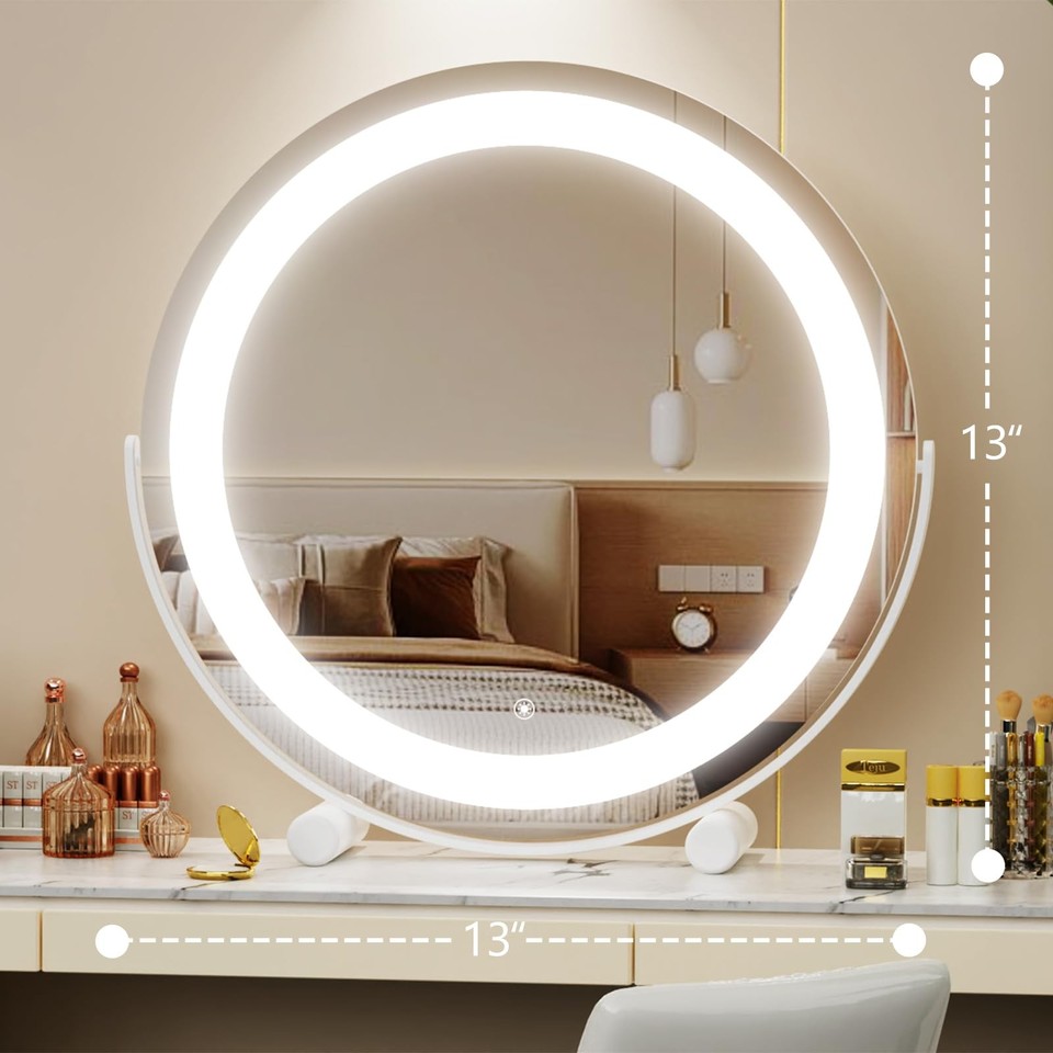 12" Round Vanity Mirror, LED Lights, Smart Touch 360°Rotation, Dimmable ...