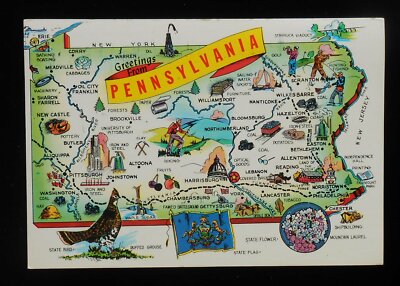 1970s State Map of Pennsylvania Landmarks Icons Keystone State Bird ...