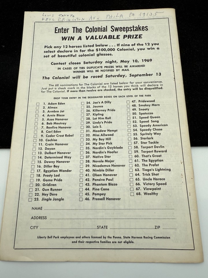 1969 Vintage Harness Horse Racing Program APRIL 16TH LIBERTY BELL PARK ...