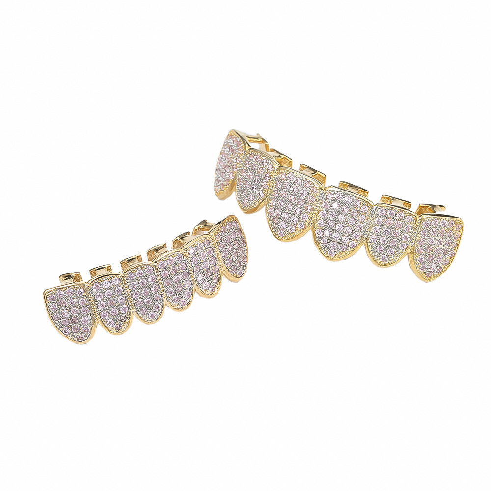 6 Teeth Grillz PINK CZ Mouth Top Bottom Iced Bling Hip Hop Tooth Caps ...