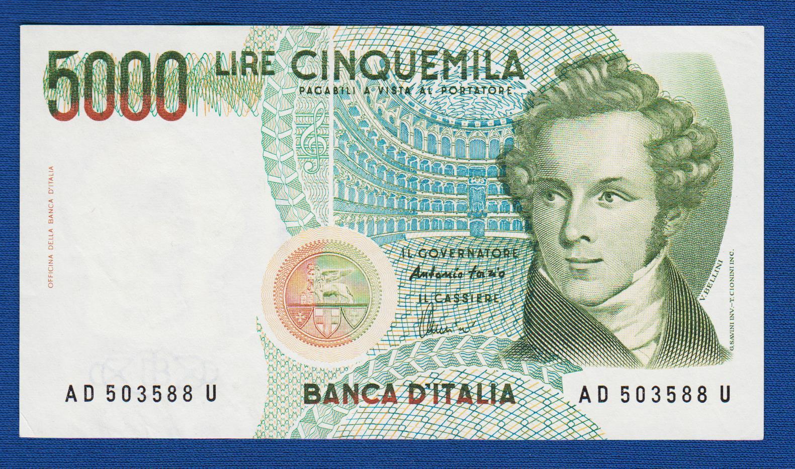 Italy banknote, 5000 Lire 1985, Vincenzo Bellini, Pre-Euro Banknote ...