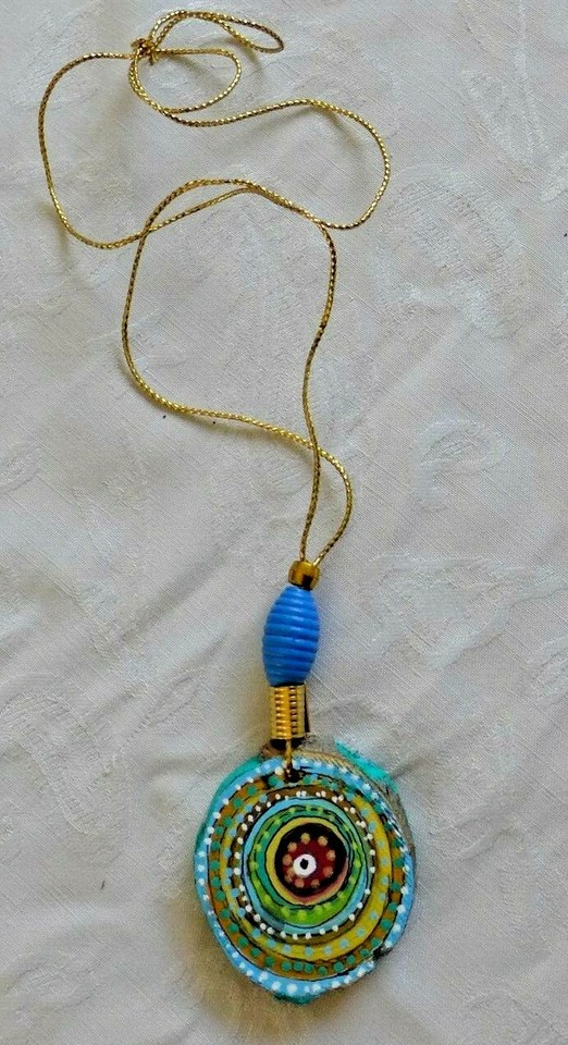 Handmade Necklace Art Wooden Painted Round Mandella with Beads Gold ...