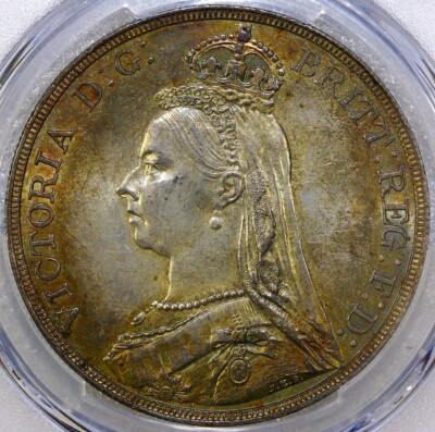 1887 Great Britain 1 Crown Large Silver Coin PCGS MS63 Beautiful Toning ...