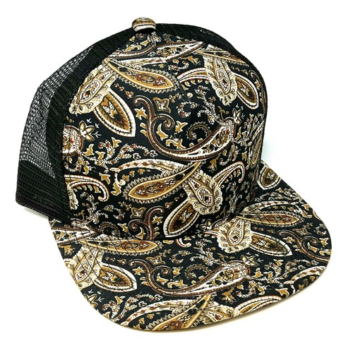 BEIGE PAISLEY BLACK MESH TRUCKER ADJUSTABLE FLAT BILL SNAPBACK HAT CAP ...