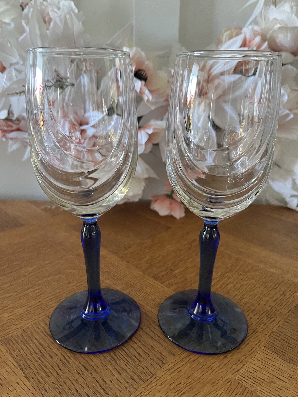 Libbey Crystal Blue Set of 2 Optic Drape Water Goblets Wine Glasses VTG ...