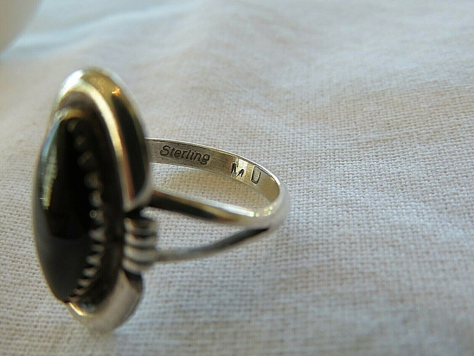 MARY DAYEA NATIVE AMERICAN STERLING SILVER BLACK ONYX ELONGATED RING ...