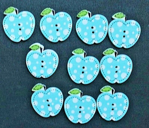 10 Blue Printed Apple Shaped Wooden Buttons - 22mm high x 20mm wide ...