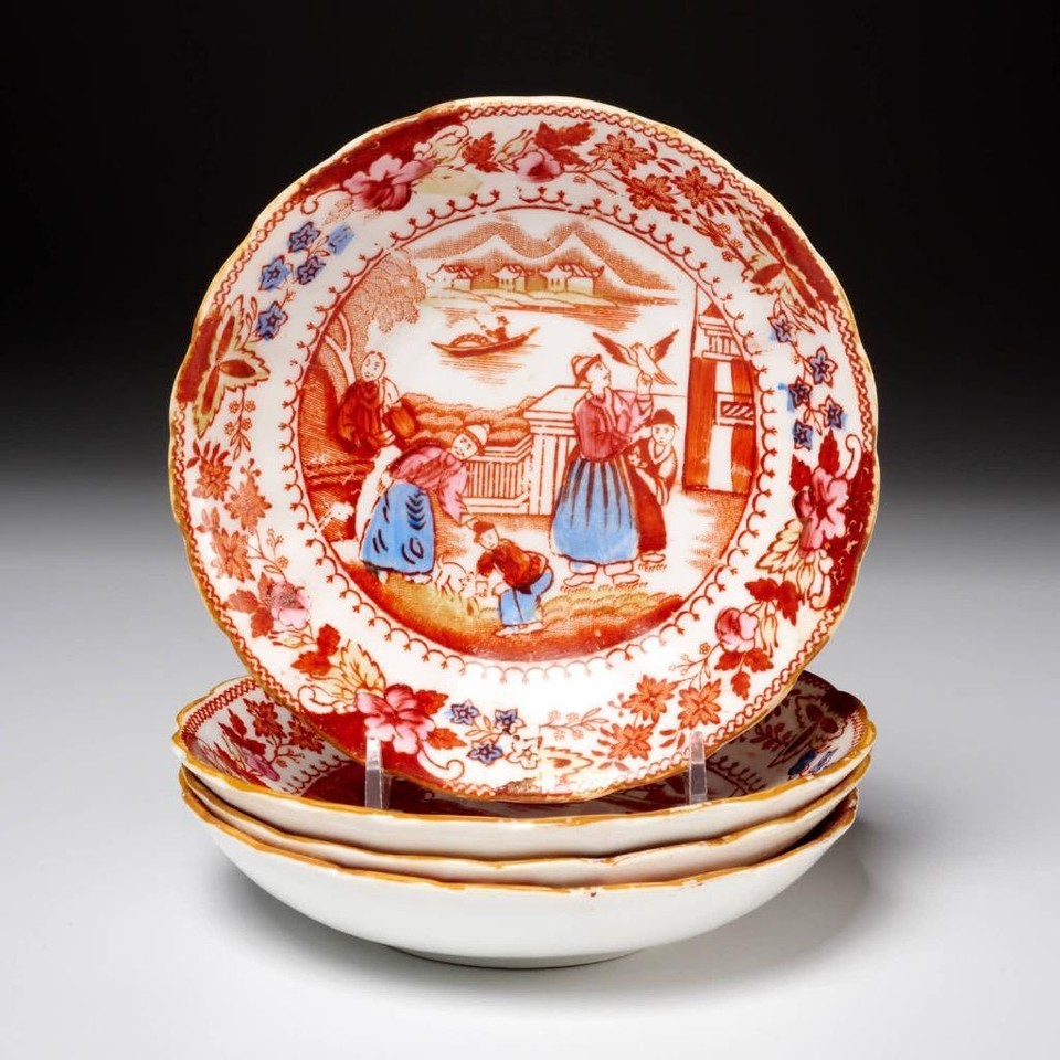 English Chinoiserie Polychrome Transferware Teacup Saucer Bread Plate 4 ...