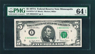 1977A $5.00 Federal Reserve(KEY~128,000)FANCY Minneapolis STAR~PMG ...