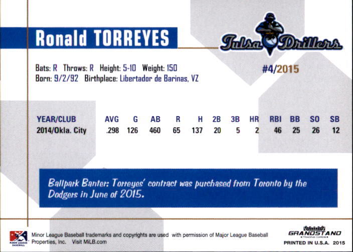 2015 Tulsa Drillers Grandstand #27 Ronald Torreyes Venezuela VZ ...