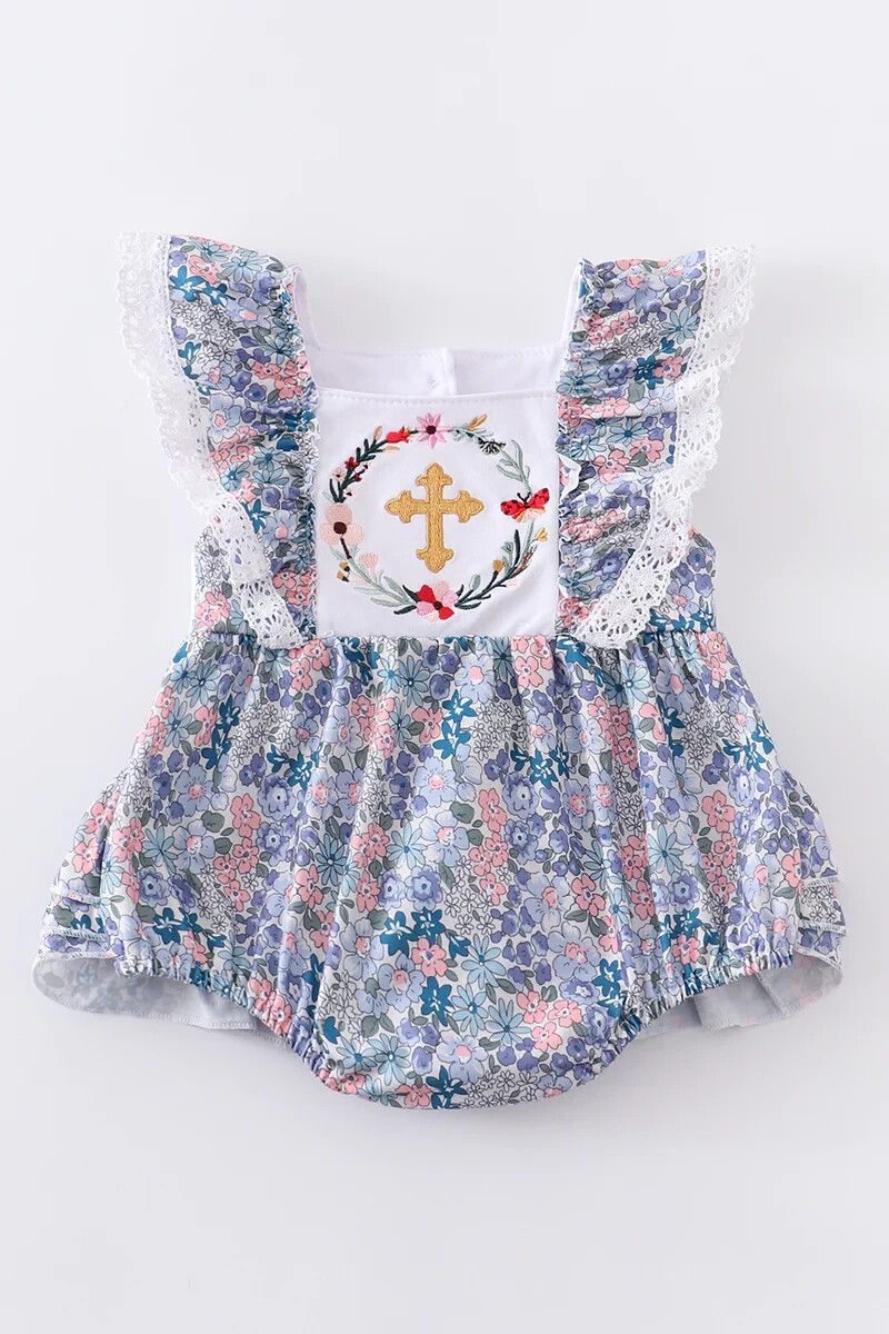 HD Baby Girl Floral Easter with Embroidered Cross One Piece Romper Size ...