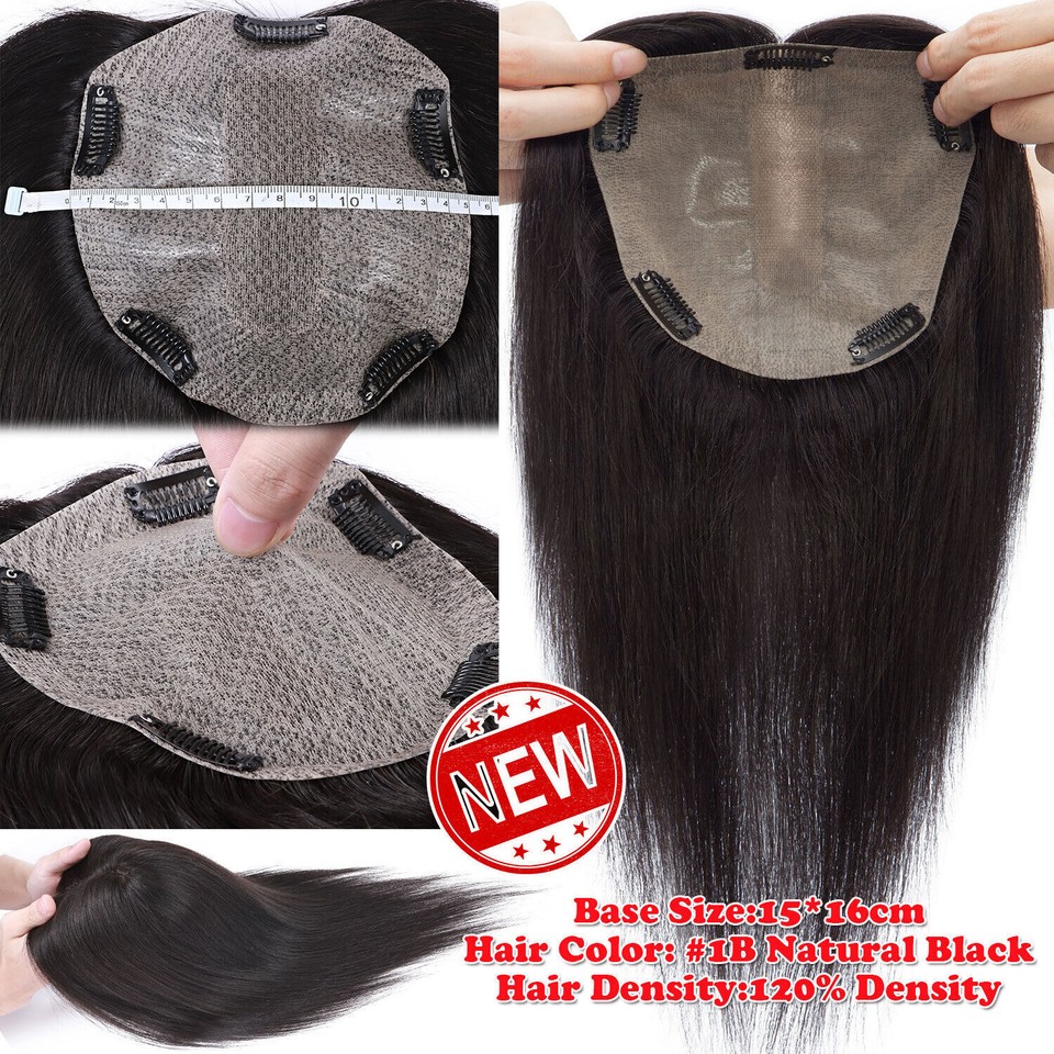 Natural Topper Hairpiece Clip In REMY 100% Human Hair Silk Base Toupee ...