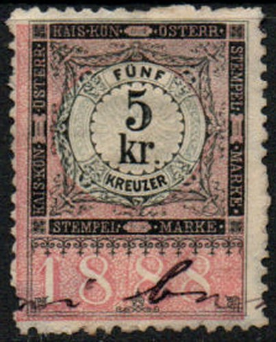 Austria 1888, 5kr black & pink "Stampel Marke" revenue/fiscal stamp ...