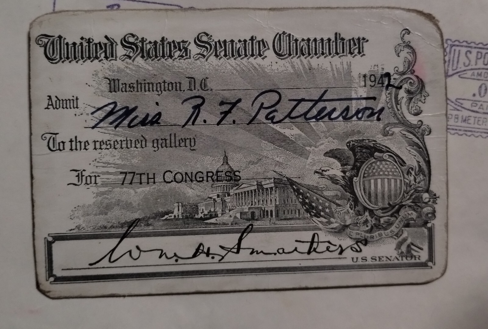 United States Senate Chamber Pass Original 1942 For 77th Congress. | eBay
