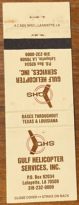 Vintage Gulf Helicopter Services Inc Matchbook Cover Ad Lafayette, LA ...