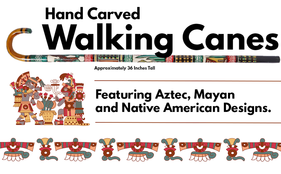 Hand Carved Wooden Cane Walking Stick Mexican Aztec Hand Painted Mexico ...
