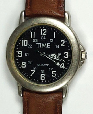 TIME MAGAZINE WOMENS WATCH BLACK FACE; 24 HR; GLOW HANDS; BROWN BAND ...