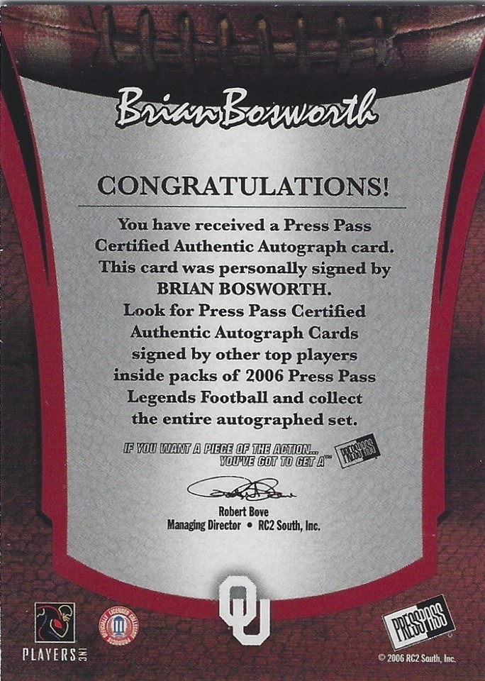 BRIAN BOSWORTH OU OKLAHOMA SOONERS PRESS PASS LEGENDS LEGACY AUTO ...