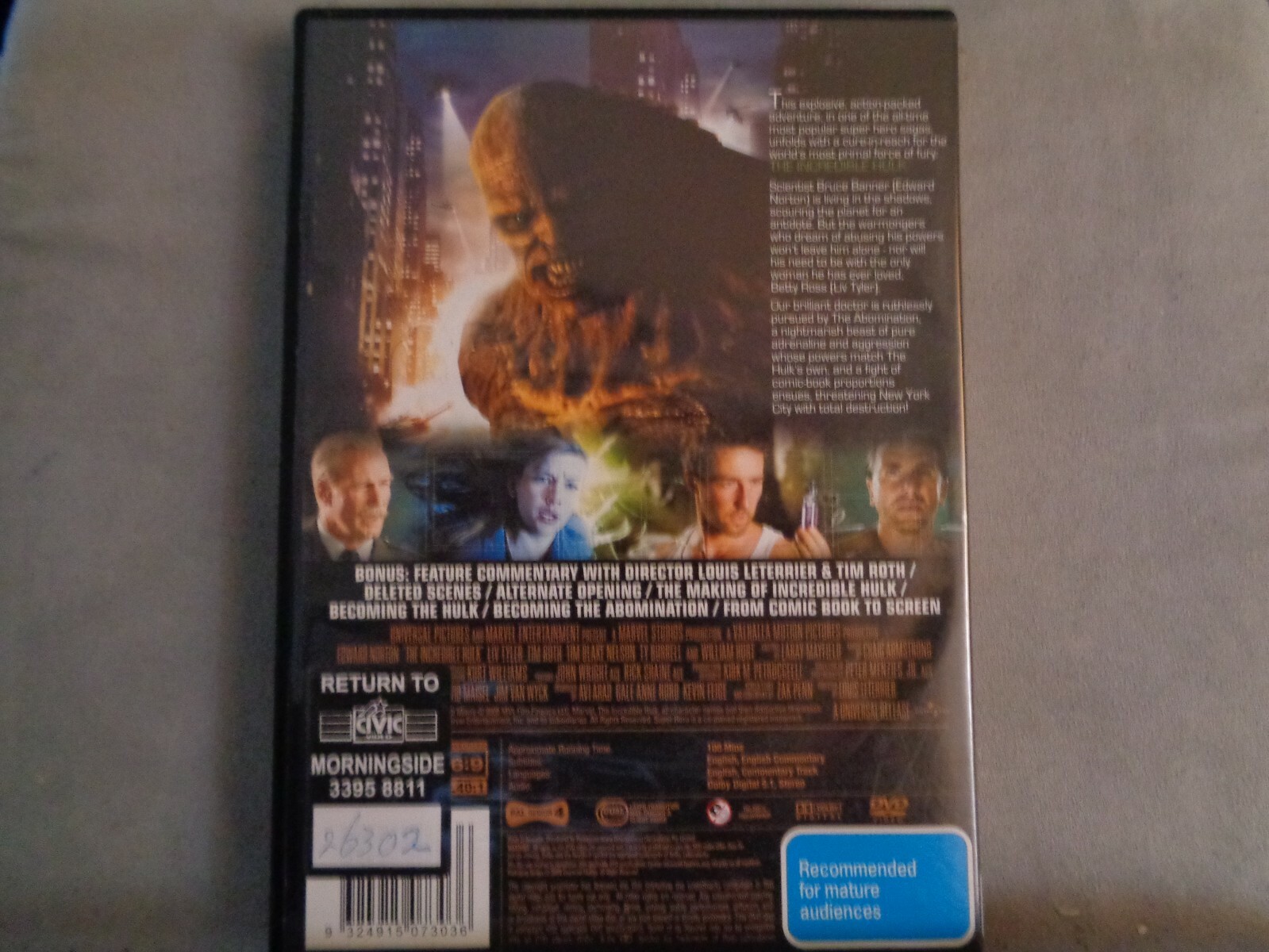 THE INCREDIBLE HULK ED NORTON DVD 2008 9324915073036 MARVEL MOVIES ...
