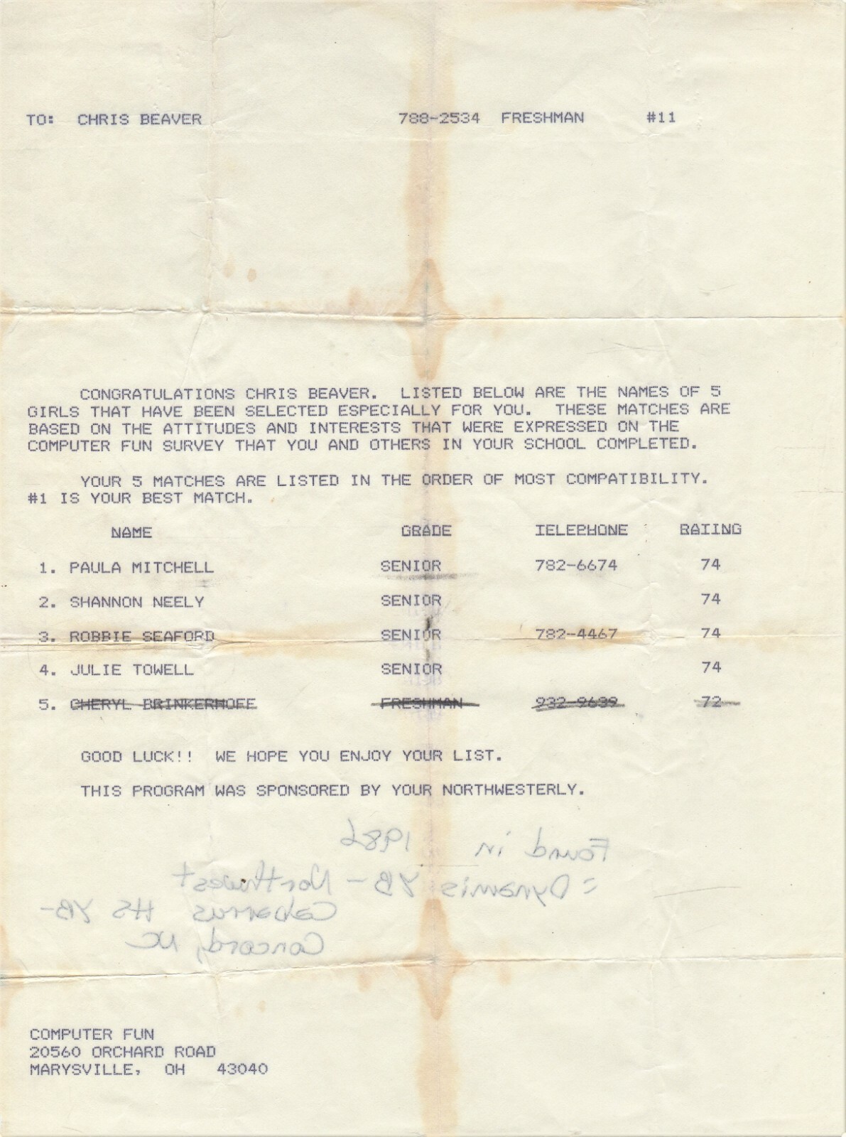 Fun! Concord, NC 1986 Girl Compatibility Letter Based on Computer ...