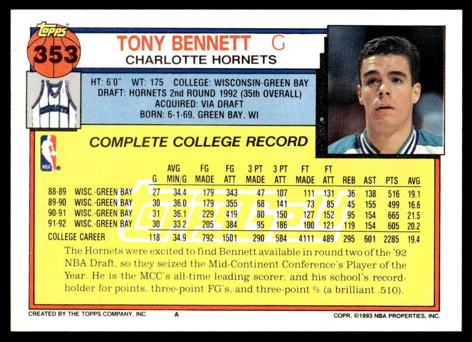 1992 Topps Gold #353 Tony Bennett DPK Charlotte Hornets | eBay