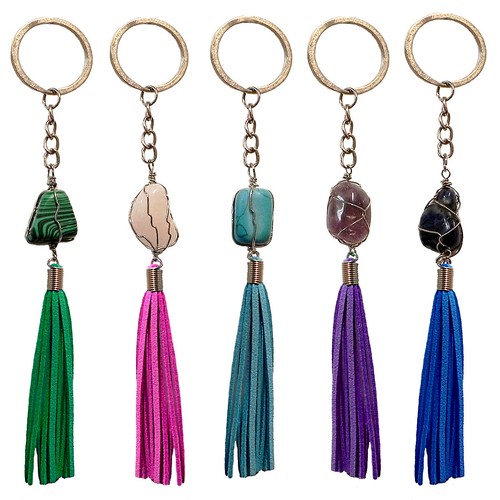 Wire Wrapped Tumbled Healing Gemstone Crystal Suede Leather Tassel ...