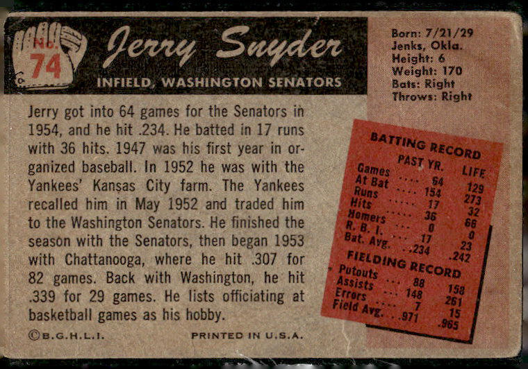 1955 Bowman #74 Jerry Snyder | eBay