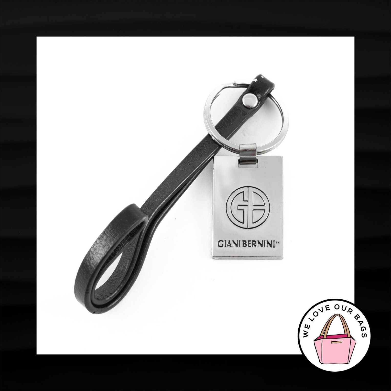 GIANI BERNINI SILVER BLACK LEATHER LOOP STRAP KEY FOB BAG CHARM ...