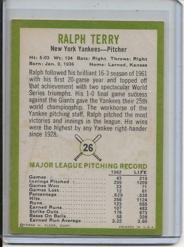 1963 Fleer Baseball Card Ralph Terry Pitcher New York Yankees Crease ...