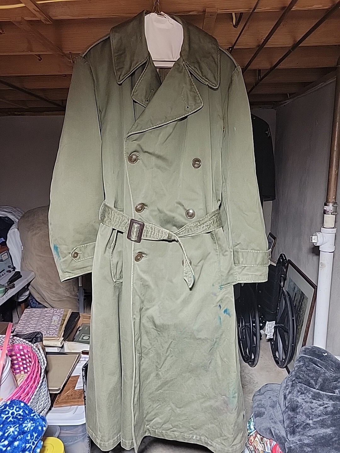 Vintage US Army Military Trench Overcoat Mens Long Sm… - Gem