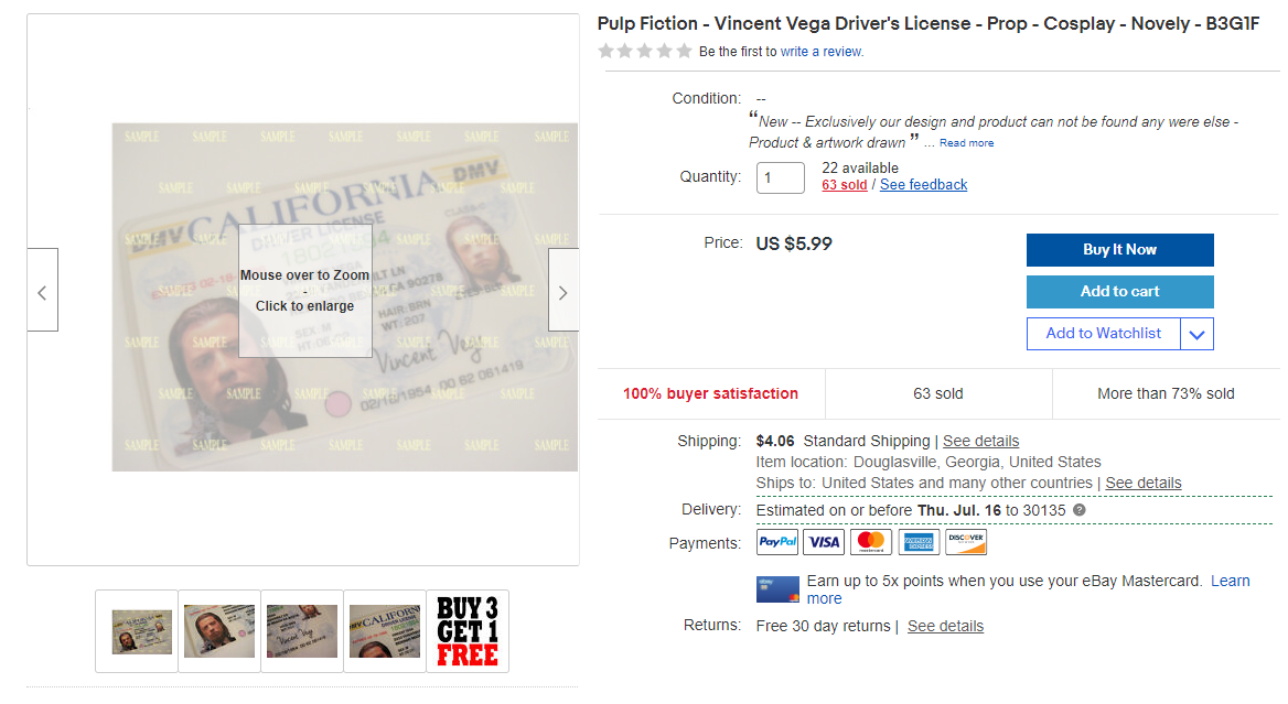 Pulp Fiction Vincent Vega Driver's License Prop Cosplay Novely | eBay