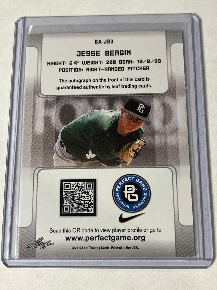 Jesse Bergin 2017 Leaf Perfect Game Authentic Signature Blue Card #BA ...