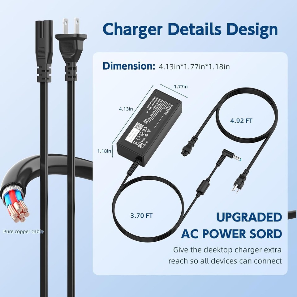 65 watt Laptop Charger for HP(4.5 mm Blue Tip Connector) 3 Prong Cable ...