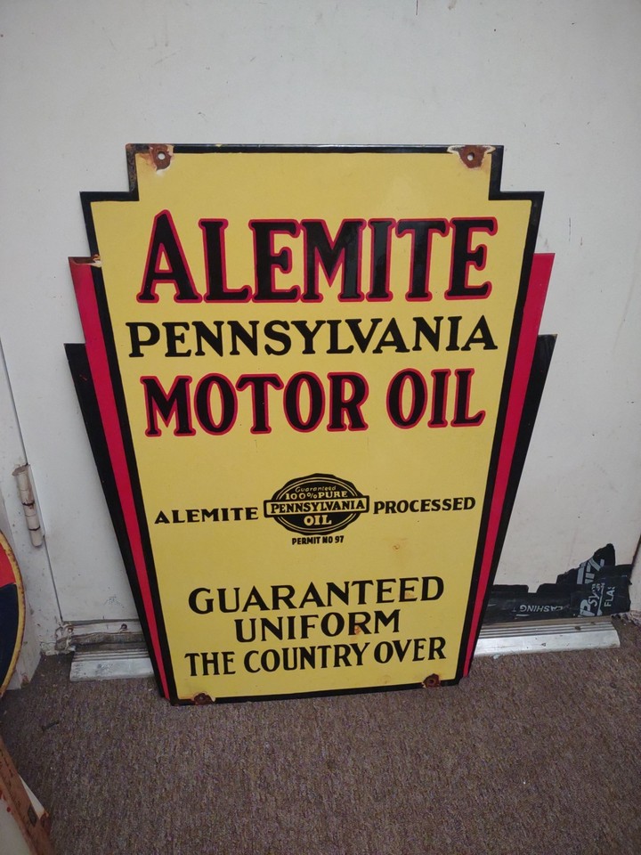 Large Alemite Pennsylvania Motor Oil Heavy Porcelain Metal Art Deco ...