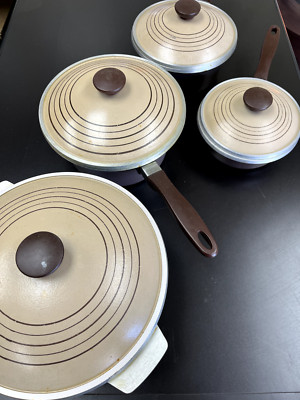 Vintage Regal Ware Cast Aluminum Pots Pans Tan W / Stripes 4 pc. set ...