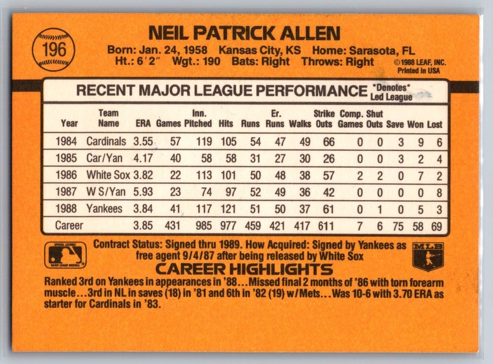 1989 Donruss #196 Neil Allen Autographed New York Yankees MLB Baseball ...