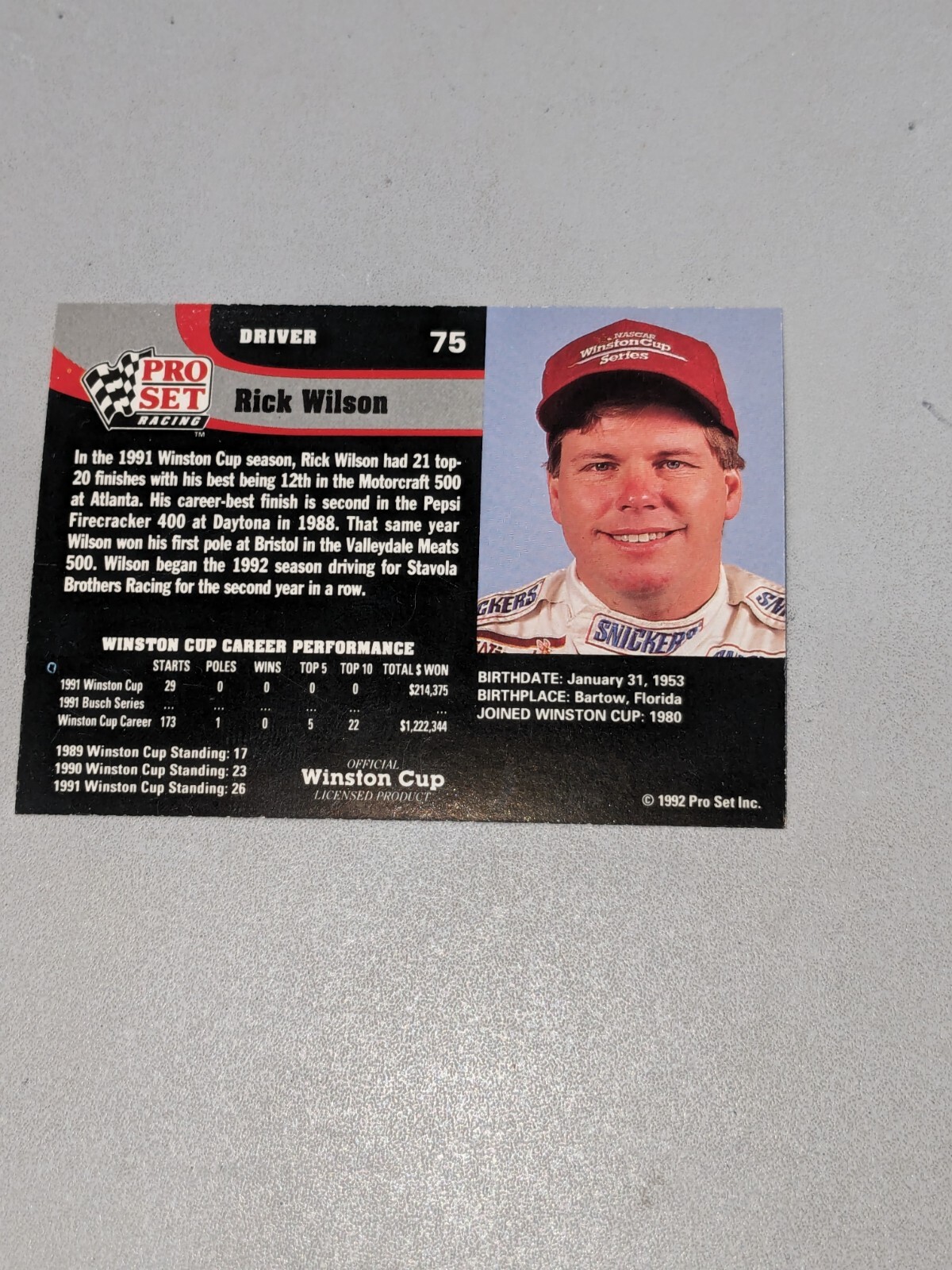 Rick Wilson NASCAR WINSTON CUP 1992 PRO SET RACING CARD#75 SNICKERS | eBay